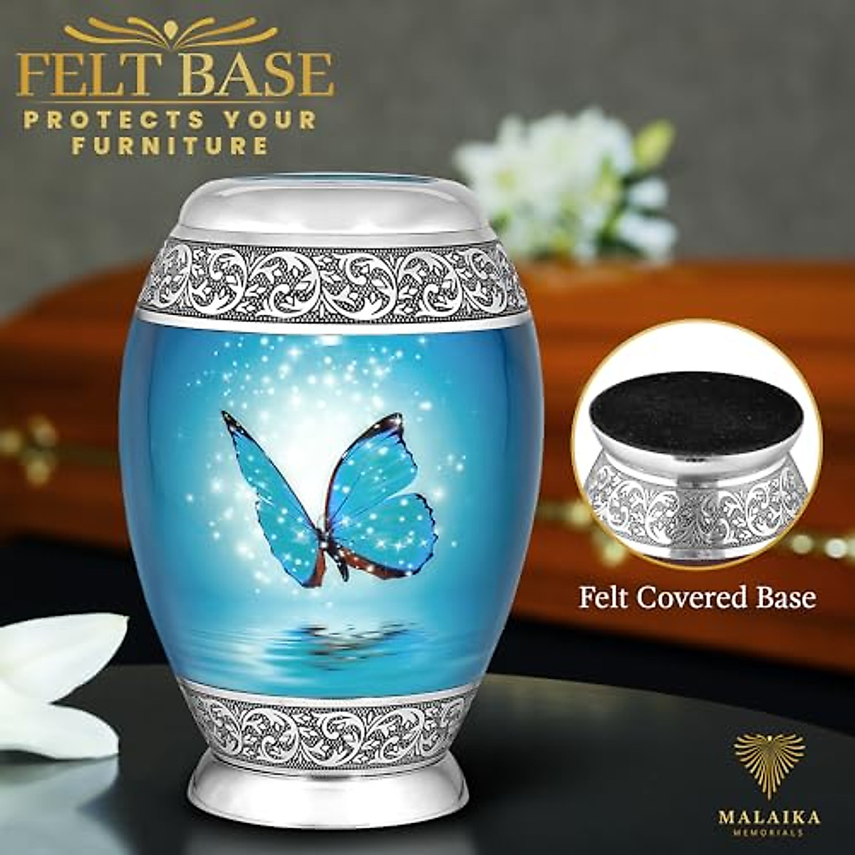 Malaika Memorials Blue Butterfly Urn - Adult Cremation Urn for Human Ashes Women/Men - Cremation Urns for Ashes Adult Female/Male - Funeral Urns for Mother, Dad or Other Loved One up to 200 lbs