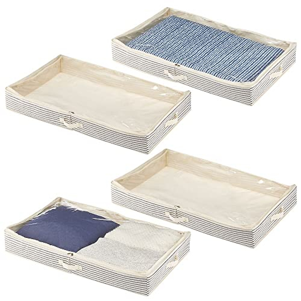 mDesign Soft Fabric Under Bed Storage Organizer Holder Bag for Clothing, Accessories, Linen - Easy-View Top Panel, Attached 2-Way Zippered Lid, Side Handles - 4 Pack - Natural/Cobalt Blue