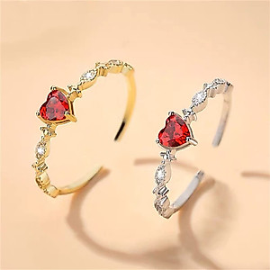 Delicate Red Heart 925 Sterling Silver Statement Adjustable Ring for Women Girls Cubic Zirconia CZ Love-Heart Shaped Beaded Open Wrap Rings Comfort Fit Birthday Wedding Anniversary Jewelry Size 6-10