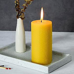 AGLARY 3PCS 3 * 6" Beeswax Pillar Candles, Large Handmade Pure Beeswax Rolled Candles, Unscented & Dripless & Smokeless,Original Color