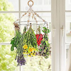 NULYUNZE Boho Herb Drying Rack, Hanging Herb Dryer Rack, Herb Drying Rack with 15 Hooks, Boho Handcrafted Macrame Mobile Hanging Drying Rack for Vanilla Herbaceous Plant