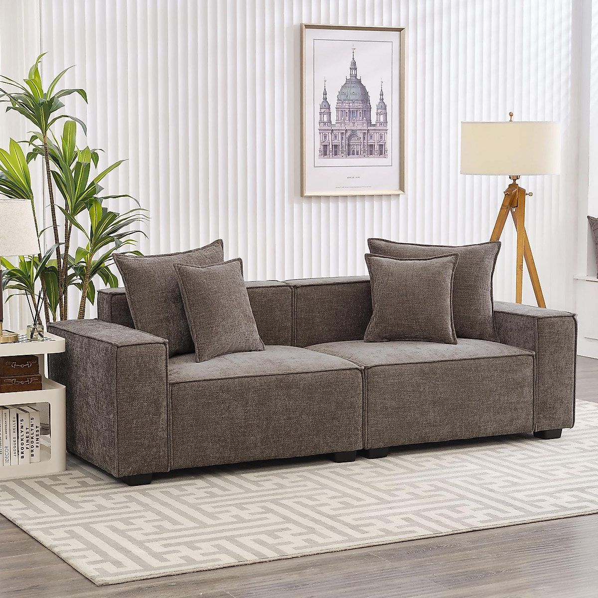 WILLOVE 89.3'' Modern Sofa Couches for Living Room, 3 Seater Cloud Couch with Deep Seat, Comfy Couch with Extra Wide Armrests & 4 Throw Pillows, Chenille Oversized Sofas for Office, Apartment, Brown