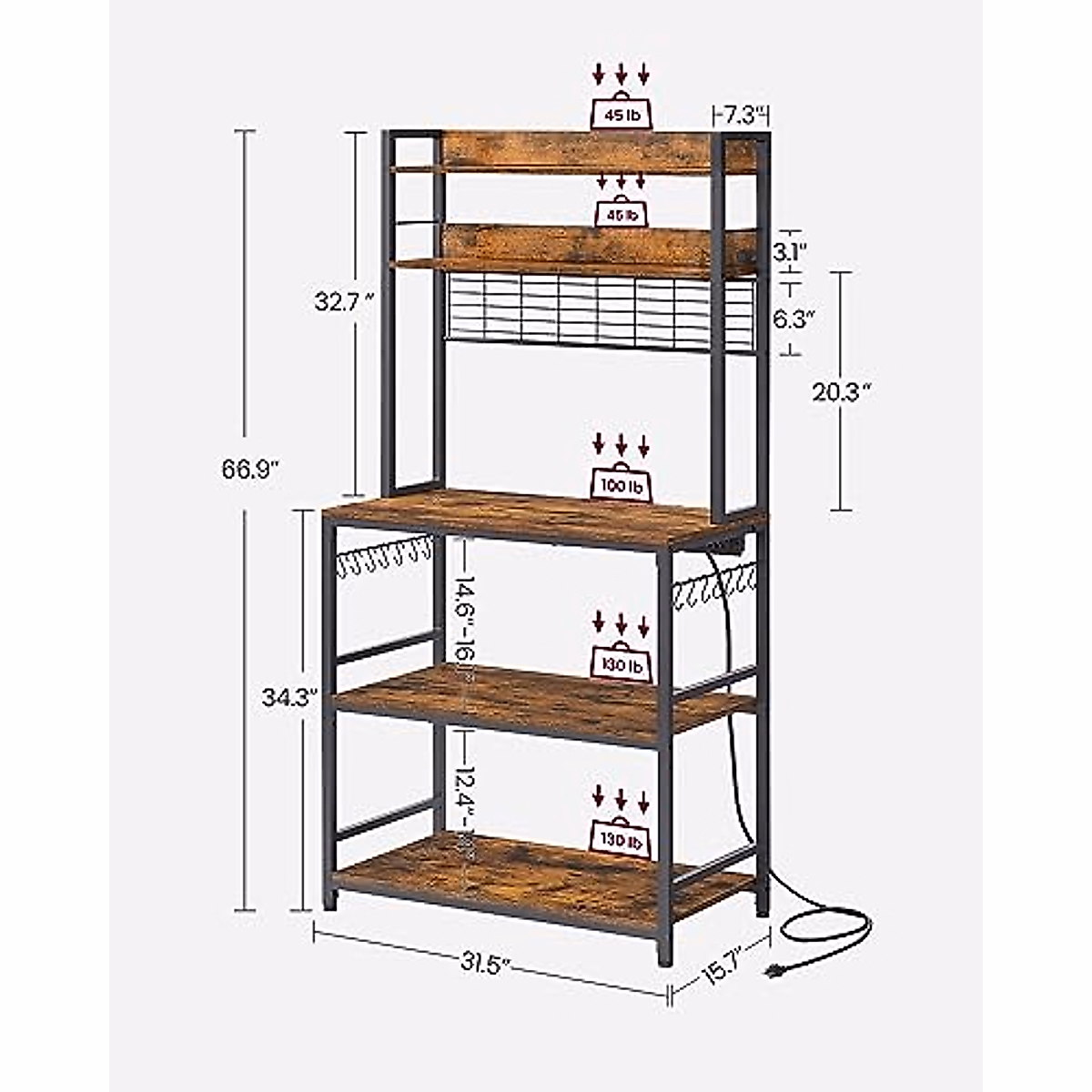 VASAGLE Hutch Bakers Rack with Power Outlet, 14 Hooks Microwave Stand, Adjustable Coffee Bar with Metal Wire Panel, Kitchen Storage Shelf, 15.7 x 31.5 x 66.9 Inches, Rustic Brown and Black UKKS025B01