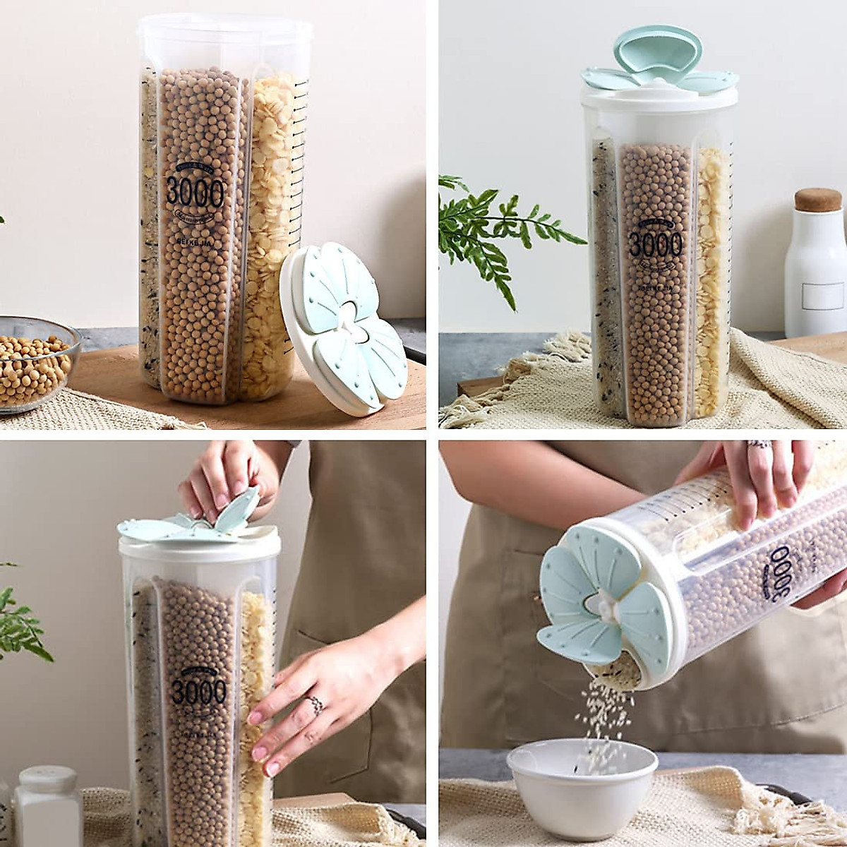 auons Airtight Kitchen Food Storage Container, Leak-Proof BPA Free Plastic Plastic Dry Cereal Dispensers Containers with Durable Lids for Flour, Sugar, Rice (3000ml 4 Color-4 Grid)