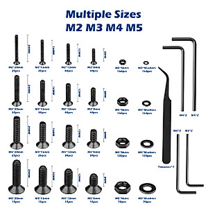 JROUTH 1500pcs Screws Assortment , M2 M3 M4 M5 10.9 Grade Alloy Steel Hex Flat Head Cap Bolts Nuts Washers Assortment Kit with Hex Wrenches