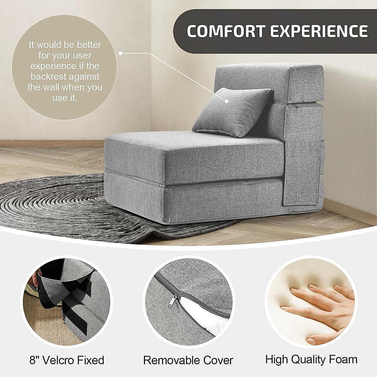 SUYOLS Folding Sofa Bed with Pillow- Convertible Chair Floor Couch & Sleeping Mattress - Foldable Memory Foam Sleeper for Living Room/Dorm/Guest Room/Home Office/Apartment/Upstairs Loft, Light Grey