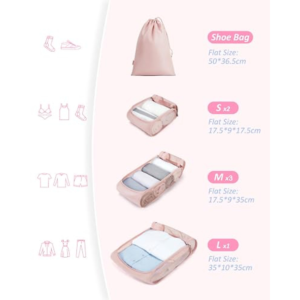 BAGSMART Keep Shape Packing Cubes, 7 Set Packing Cubes for Travel, Lightweight Travel Cubes for Packing, Suitcase Organizer Bags Set for Travel Essentials Baby Pink