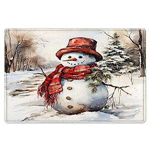 LB Winter Christmas Bath Mat Cute Snowman with Red Hat in Forest Area Rug for Bathroom Snow Scene Doormat Non Slip Memory Foam Super Absorbent Floor Mats,24Wx16H Inch