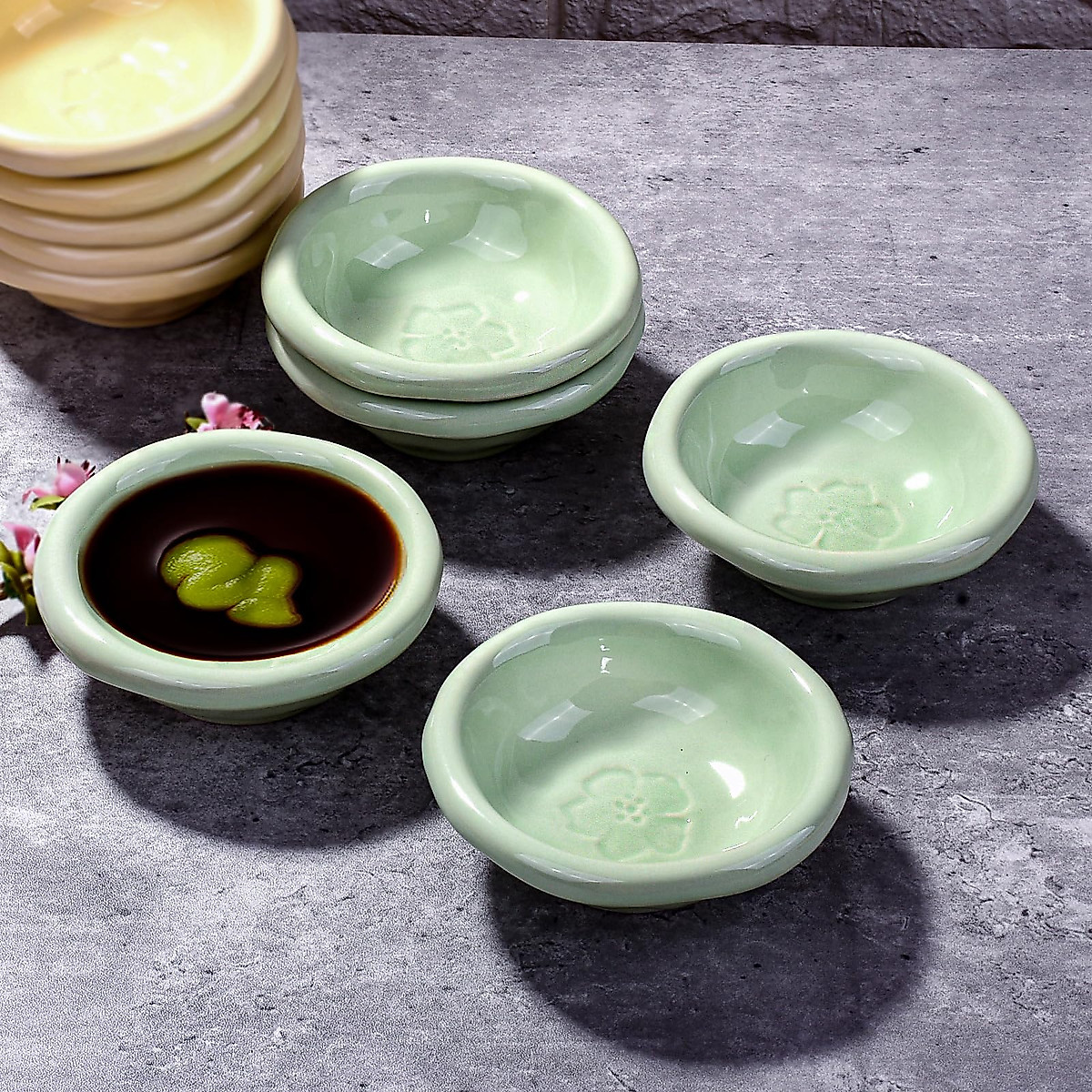 BOSILI Ceramic Soy Sauce Dish Set of 5, Sushi Sauce Dish for Dipping (Green)