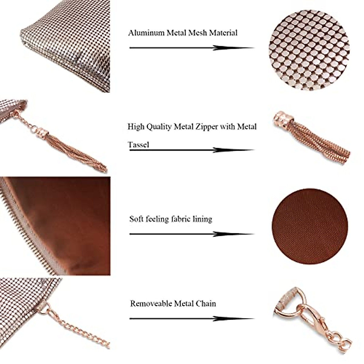 Venoline Large Metal Mesh Evening Clutch Bag Convertible Handbag Tassel Purse Rose Gold