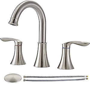 Friho Modern 2 Handle 3 Hole Brushed Nickel Widespread Bathroom Faucet, 8 inch Lavatory Vanity Swivel Spout Bathroom Sink Faucet with Water Supply Hoses and Pop Up Drain