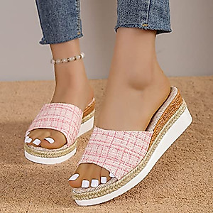 Womens Platform Wedge Sandals Espadrilles Braided Open Toe House Slippers Slip On Summer Mule High Heels Slippers (Pink, 6.5)