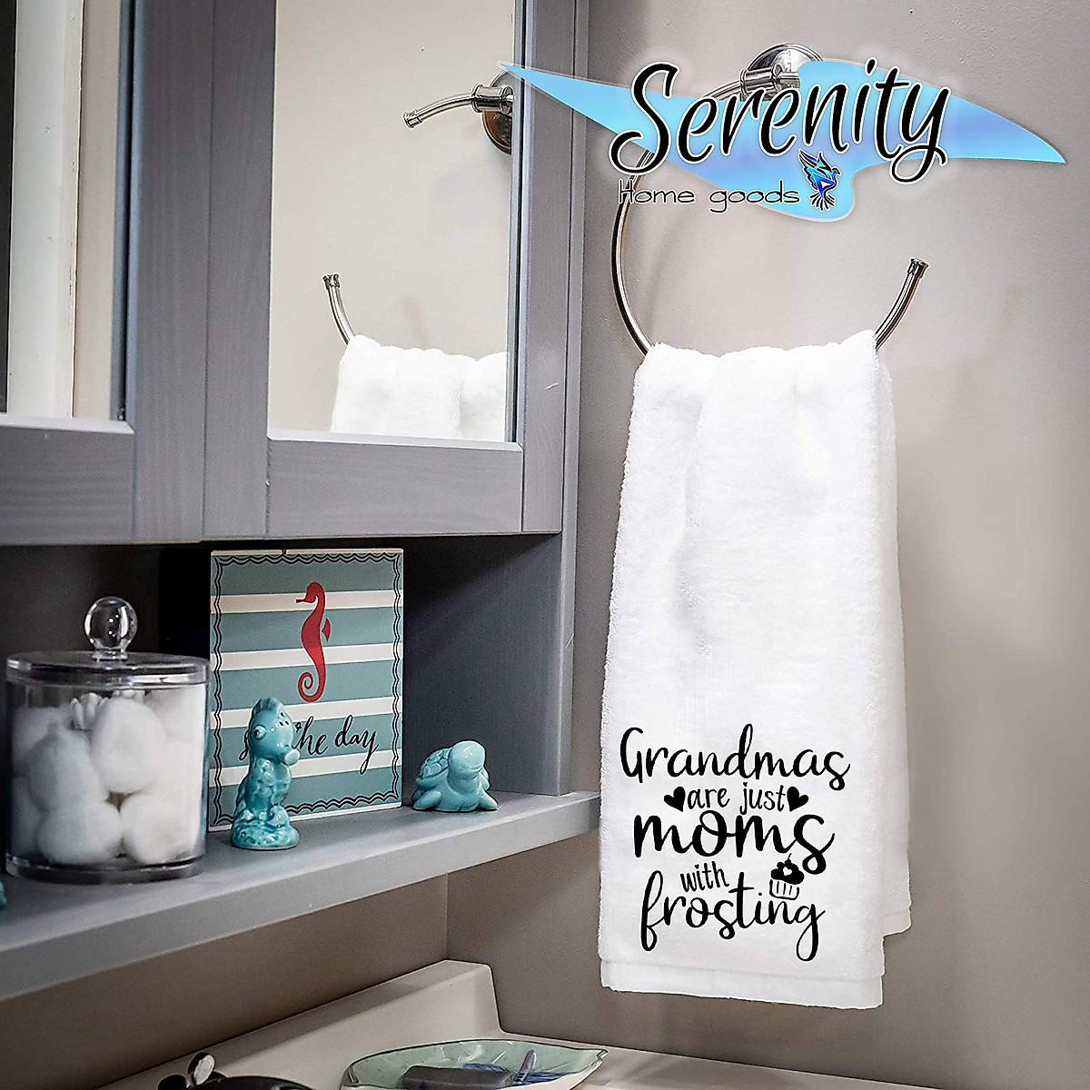 Mother's Day Gifts | Home Decor Decorative Kitchen and Bath Hand Towel | Farmhouse Grandmas Are Just Moms With Frosting | Spring Summer Garden Themed | White Towel Home Decorations | Nana Gift Present