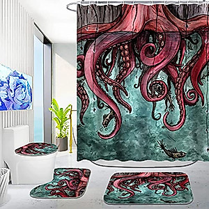 4Pcs Pink Ocean Bathroom Sets with Shower Curtains and Rugs Fish and Marine Animals Shower Curtains Sets with Bath Mat and Toilet Seat Cover Funny Bathroom Sets and Accessories