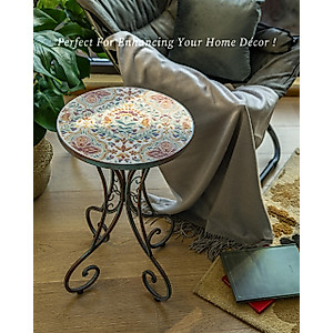 Frstem Mosaic Patio Table and Plant Stand, Outdoor Side Table for Patio with 14" Ceramic Tile Top, Weather Resistant Metal Round End Table Accent Table for Yard Porch Balcony Garden Bedside, Blossom