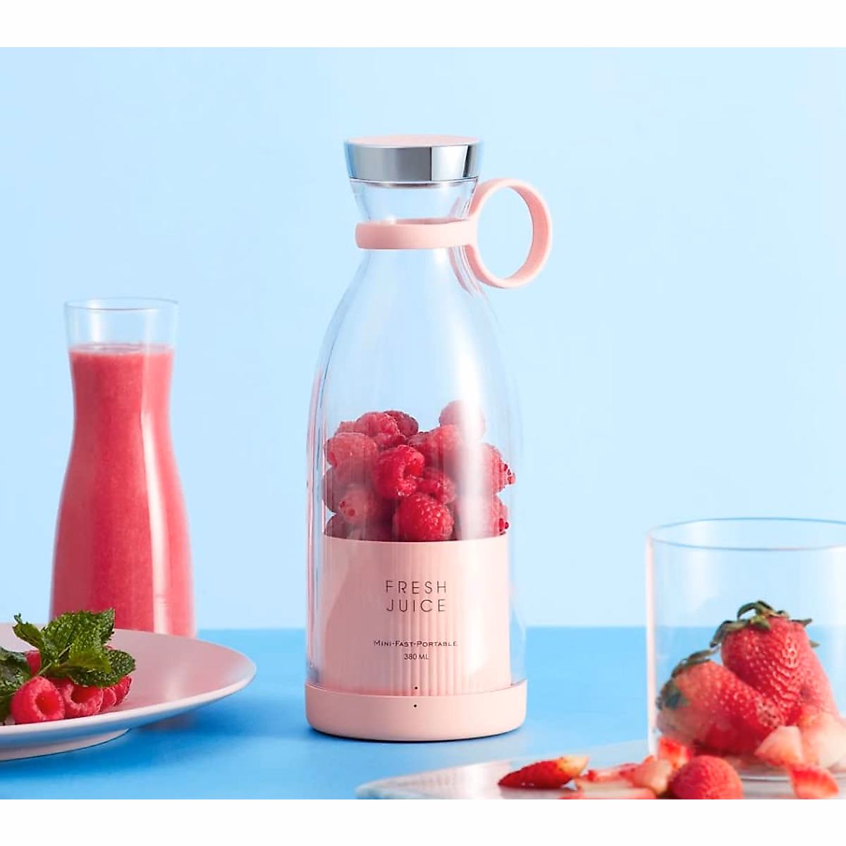 Portable Mini Blender with Wireless Charging for Home, Office & Outdoor 350ml, Spillproof, Travel Bottle for Juice, shakes and smoothies (PINK)