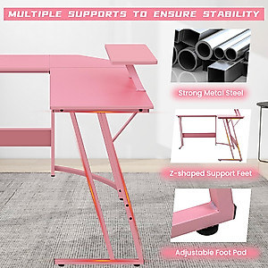 BLKMTY L Shaped Desk PC Gaming Desk Computer Desk with Monitor Stand Large Desktop Studying Executive Table Corner Desk Office Computer Table for Home Office Sturdy Writing Workstation, Pink