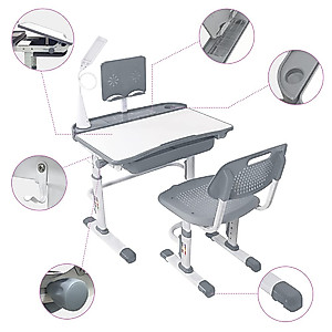 LVYUAN Kids Desk and Chair Set, Height Adjustable Kids Study Desk for Bedroom, Desk for Kids with Tiltable Desktop, 3 Modes Light, Go Back School Desk, Grey