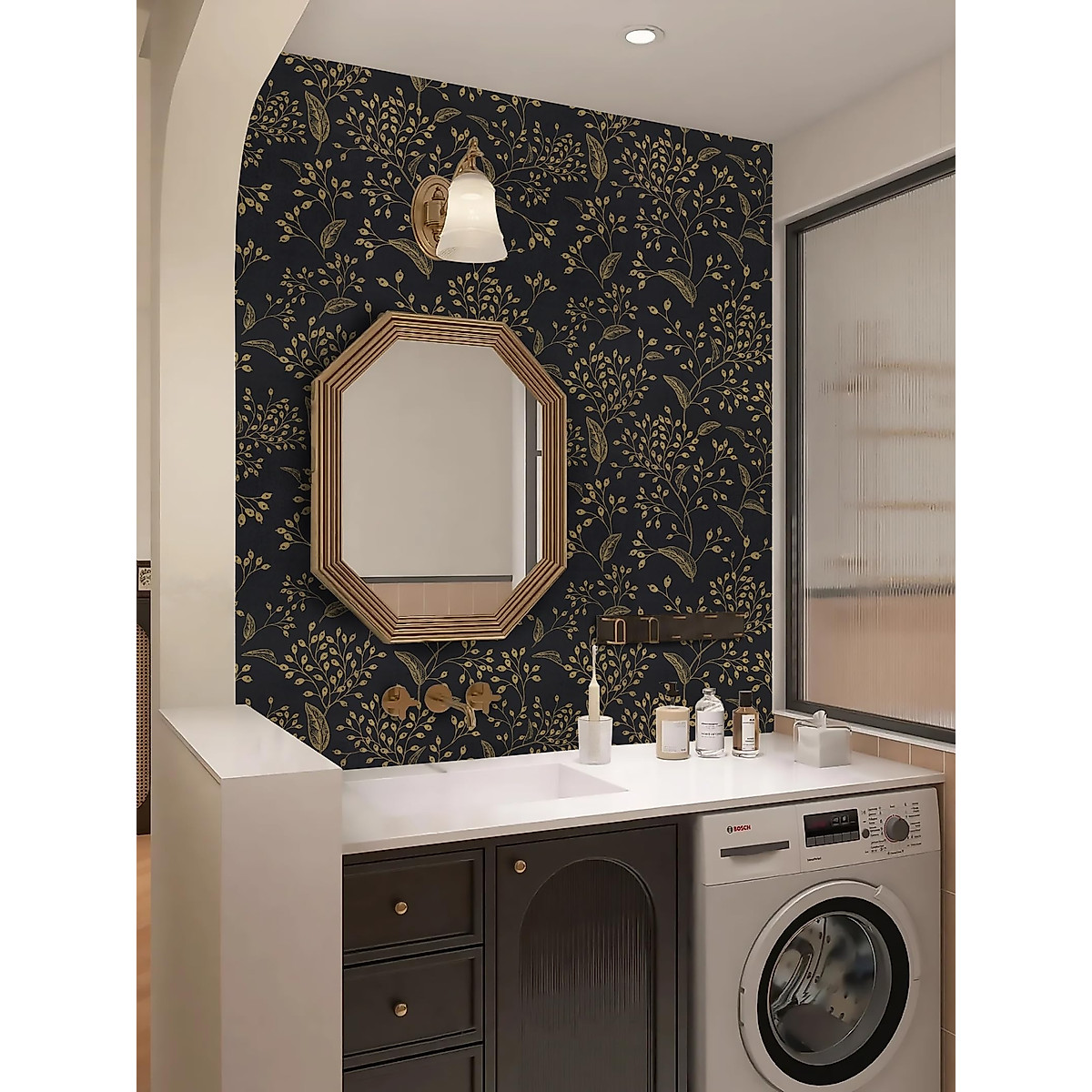 Heroad Brand Peel and Stick Wallpaper 196"x17.3" Black and Gold Wallpaper Boho Peel and Stick Wallpaper Floral Contact Paper Leaf Removable Wallpaper Self Adhesive for Cabinets Shelf Liner Vinyl Roll