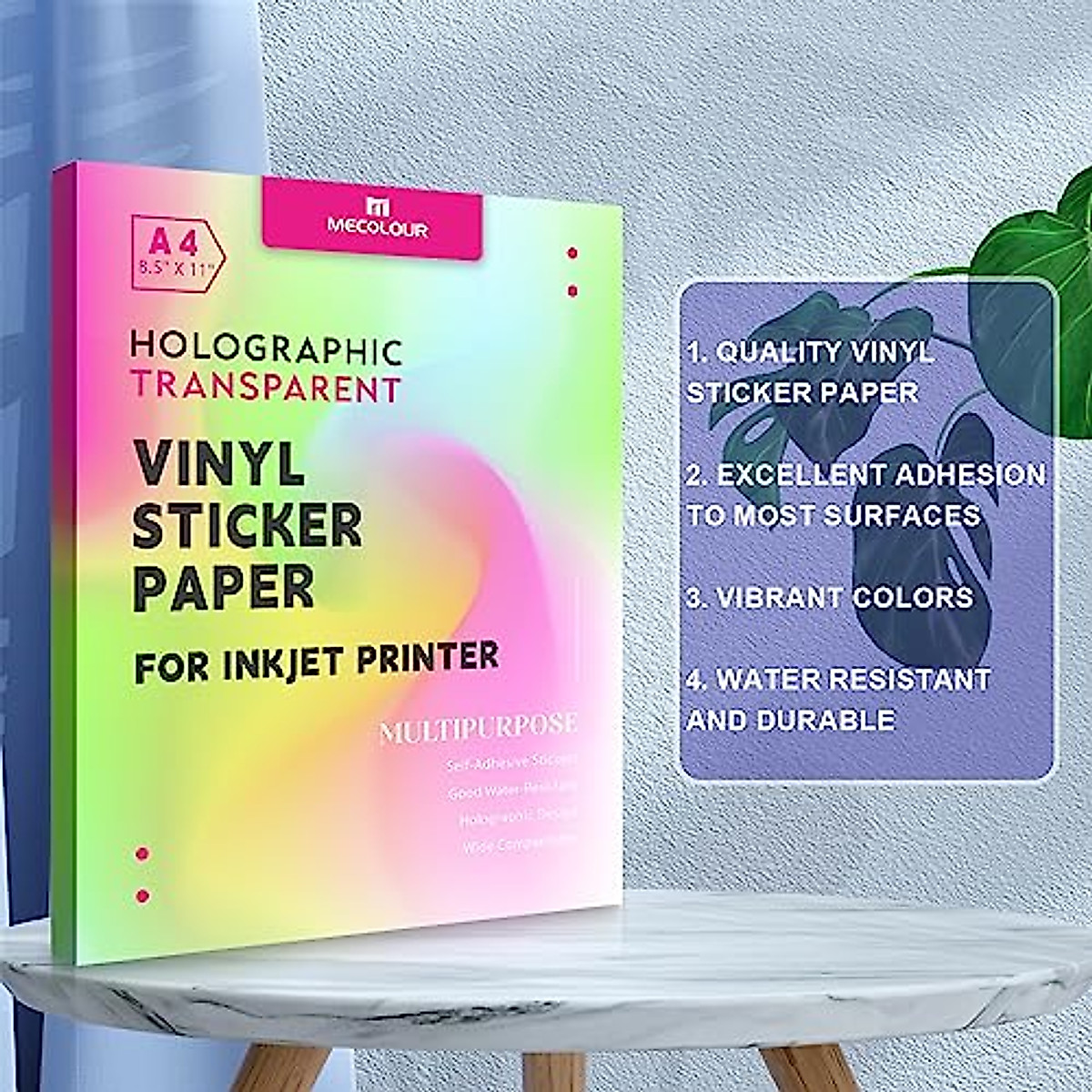 Printable Vinyl Sticker Paper DIY Decal Paper for Inkjet & Laser Printer Self-Adhesive Sheets Holographic Transparent 100 Sheets 8.5X11"
