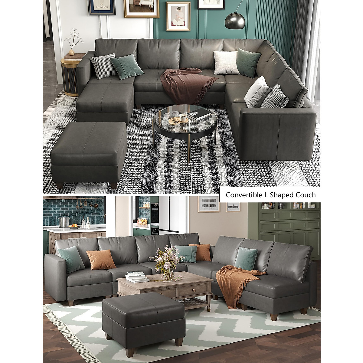 EASE MOOSE Modular Sectional Sofa with Storage, U Shaped Sectional Faux Leather Sectional Couch Large Sectional Sofa, Grey