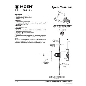 Moen 3360 Commercial Brass Three-Function Shower Transfer Valve, Standard 1/2-Inch CC Connections