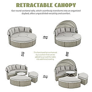 Merax Patio Conversation Set, 5-Piece Outdoor Furniture Round Sectional Sofa Set Rattan Daybed Two-Tone Weave Sunbed with Retractable Canopy, Gray