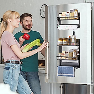 PINNIYOU Magnetic Spice Rack with Paper Towel Holder for Mother's Day Gifts, Magnetic Shelf with 4 Hooks for Refrigerator, 3 Tier Magnetic Fridge Organizer for Kitchen Storage Spices, Pepper, Black