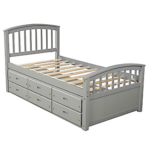 Merax Twin Size Platform Storage Bed Solid Wood Bed with 6 Drawers, Multifunctional Loft Bed for Kids Boys&Girls No Box Spring Needed