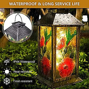 Solar Hummingbird Lantern Waterproof Outdoor Hanging Glass Lantern Decorative Tabletop Lamp Metal LED Lights for Garden Patio Porch Holiday Party Yard Table Pathway Walkway Holiday Decor Gifts (1pack)