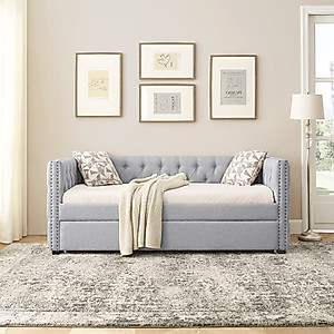DS-HOMEPORT Daybed with Trundle, Upholstered Tufted Twin Sofa Bed with Button and Copper Nail on Square Arm (Grey)