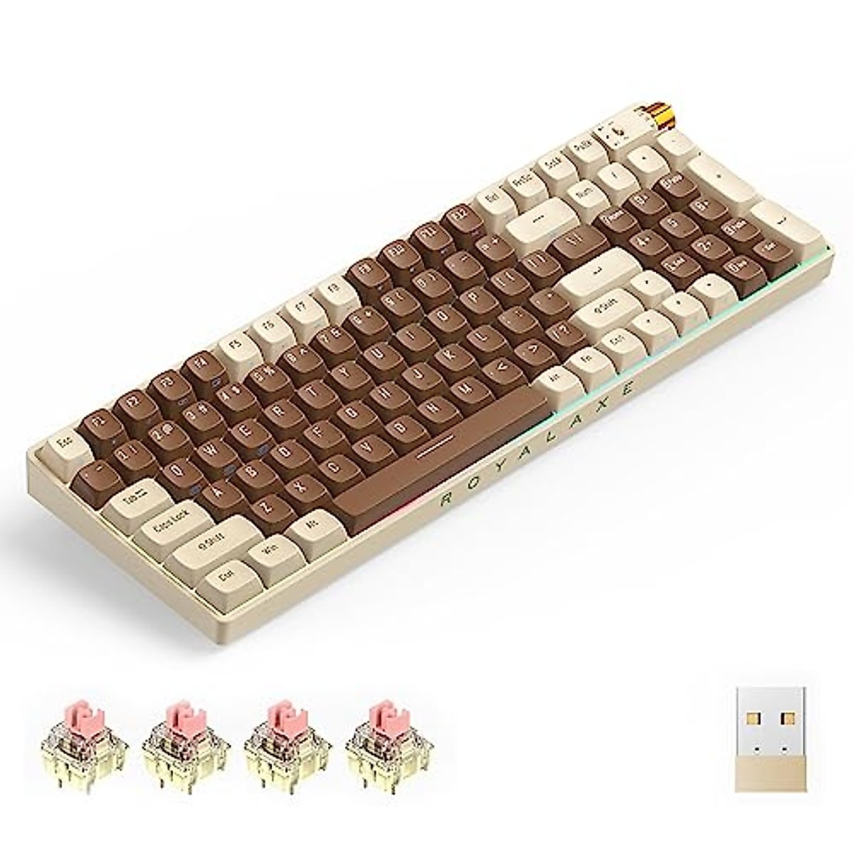 ROYALAXE R100 Wireless Mechanical Keyboard, Upgraded TTC Gold Pink Switches, Hot Swappable Wired/Bluetooth 5.0/2.4G Wireless Keyboard with RGB Light for Windows & Mac, PBT Keycaps, Lava Brown
