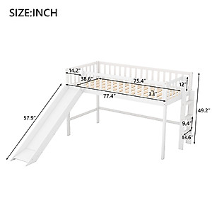 Bellemave Twin Size Loft Bed with Ladder & Slide, Toddler Loftbeds with Safety Rails,Wood Twin Low Loft Bed with Storage Space for Kids Toddler (White)