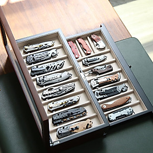 Bonaking Knife Display Case Two-Tier Pocket Knife Case Box Storage for 15-17 Pocket Knives Pocket Knife Collection Case Organizer for Men Gift with Walnut Finish and Glass Window