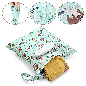 CeeKii Wet Dry Cloth Diaper Bags 3 Pack Washable Travel Bags, Waterproof Wet Bag, Baby Reusable Beach Pool Gym Bag for Swimsuits and Wet Clothes with Zippered Pocket and Snap Handle (Green)
