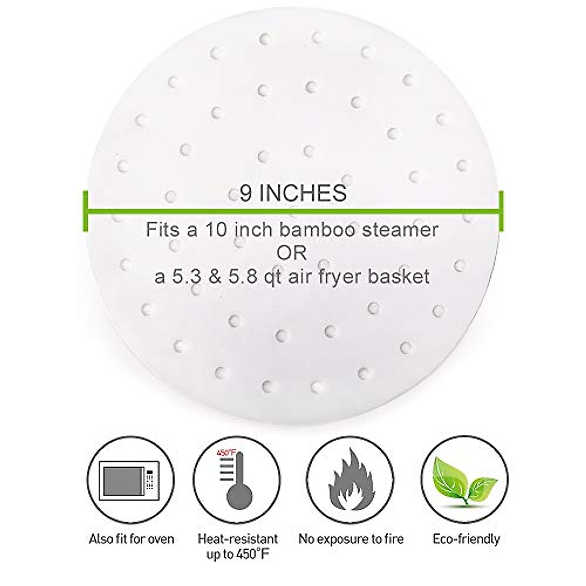 100pcs Air Fryer Liners, Vancens 9 inch Bamboo Steamer Liners, Premium Perforated Parchment Paper Sheets, Non-stick Basket Mat, Perfect for 5.3 & 5.8 QT Air Fryers/Steaming/Baking/Cooking