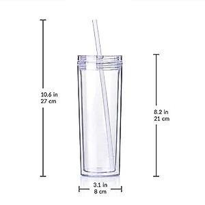 Cupture Skinny Acrylic Tumbler Cups with Straws - 18 oz, 8 Pack (Clear)