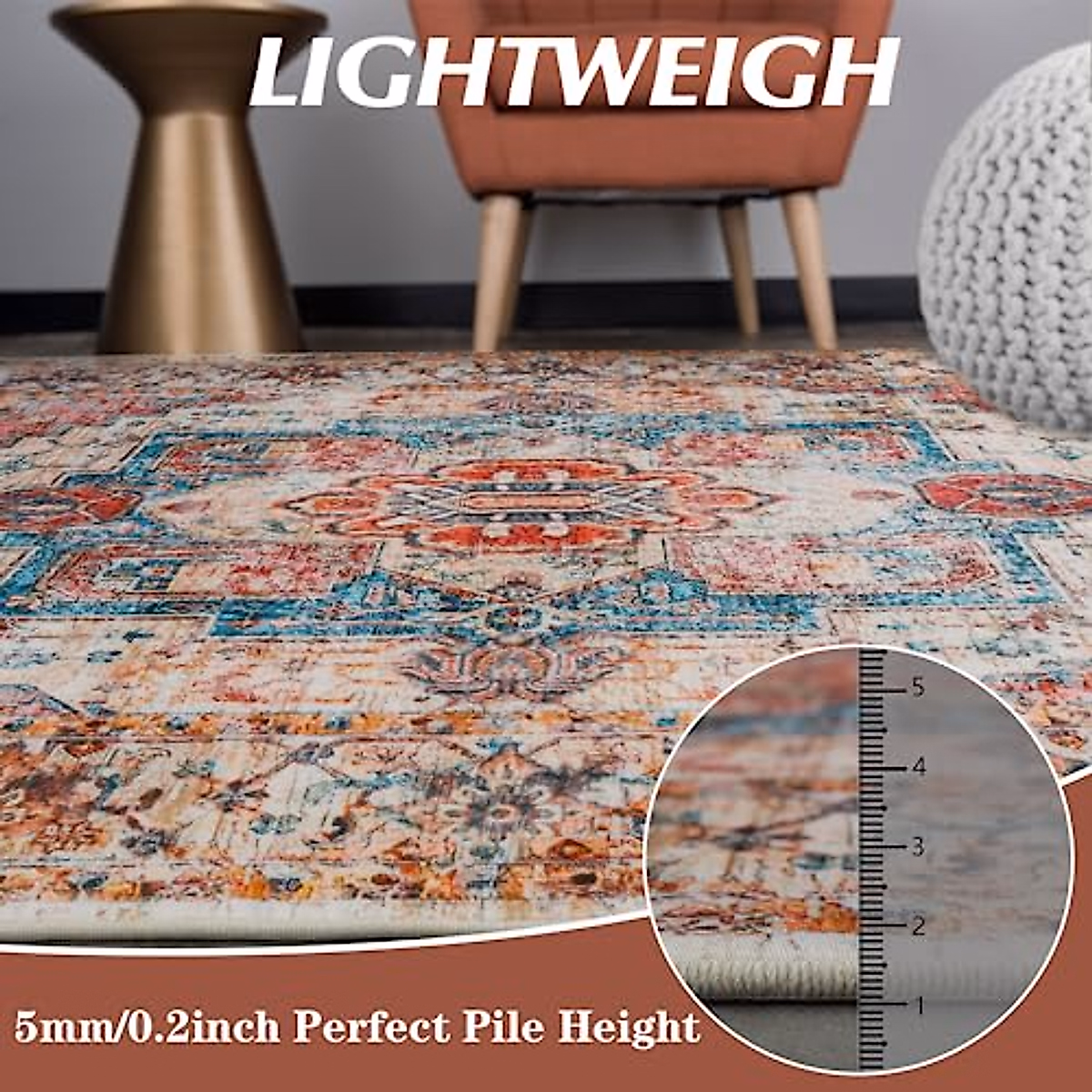 Comeet Washable Runner Rug - 2x6 Boho Hallway Runner Rug, Non-Slip Kitchen Bathroom Runner Rugs, Long Vintage Accent Area Rug for Entryway Laundry Bedroom Orange/Blue