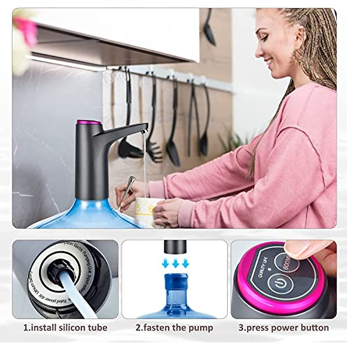 5 Gallon Water Dispenser with Double Button Pump, USB Charging & Large Capacity, Portable Drinking Pump for Universal Bottles (2-5 Gallon)