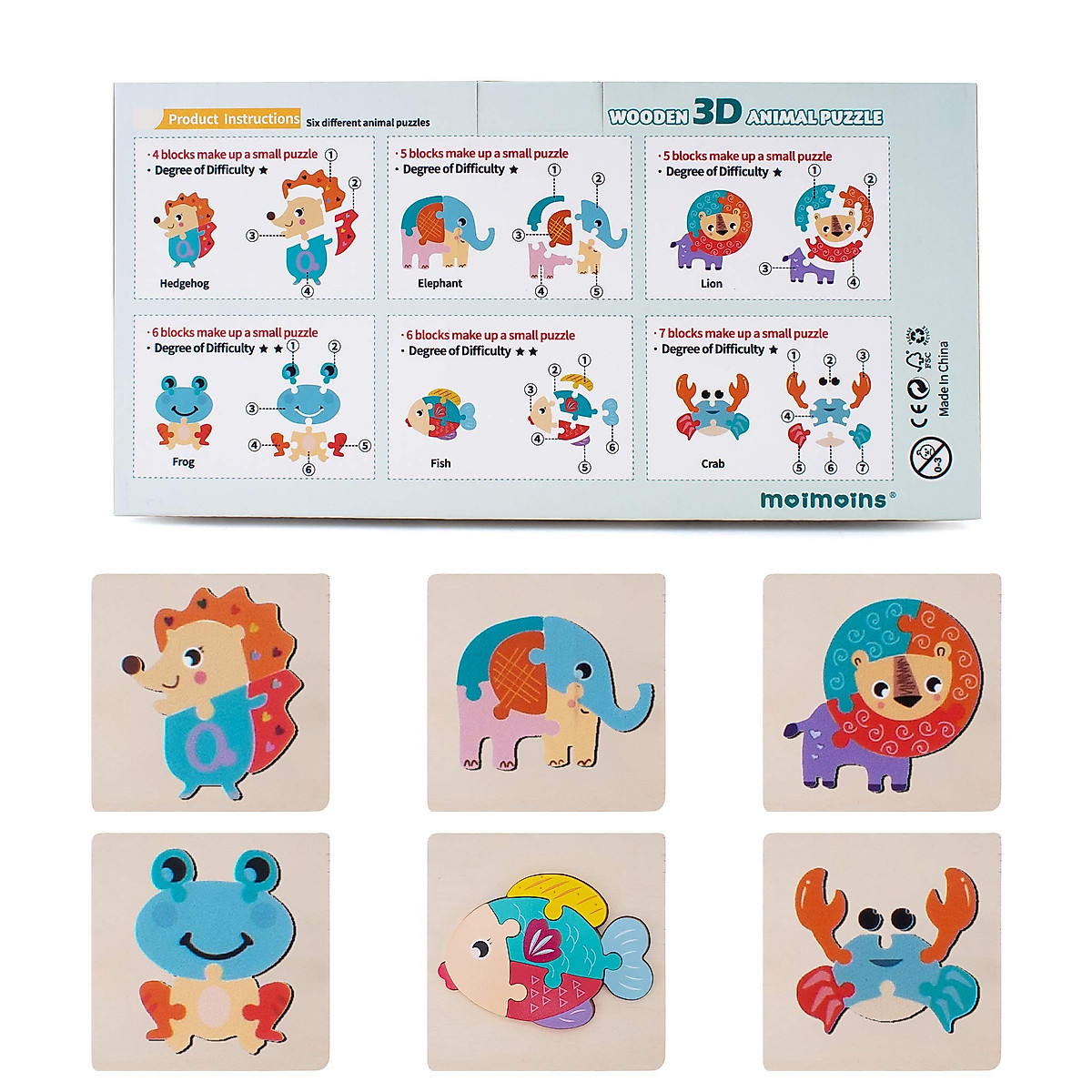 Wooden Toys 3D Animal Toddler Puzzles, Wooden Jigsaw Puzzle Set, 6 Pack Animal Shape Color Montessori Toy, Preschool Toys for Age 3+ Kids Early Educational Toys MM-P-06