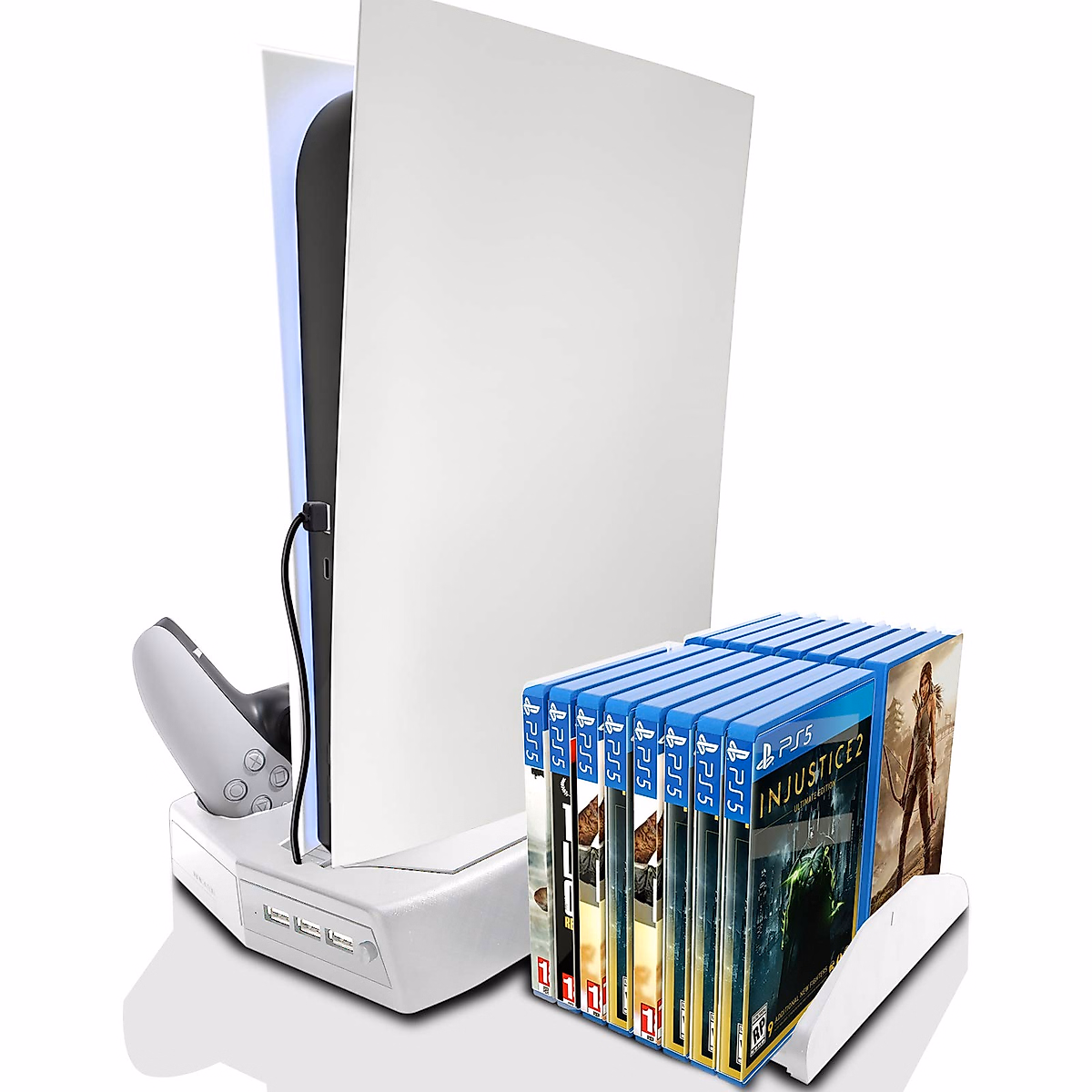 OLYGIVE PS5 Controller Charging Station, PS5 Cooling Fan,Vertical Stand for PlayStation 5 Digital Edition & Ultra HD Game Console with Dual Charger Indicator USB Ports for PS5 - White