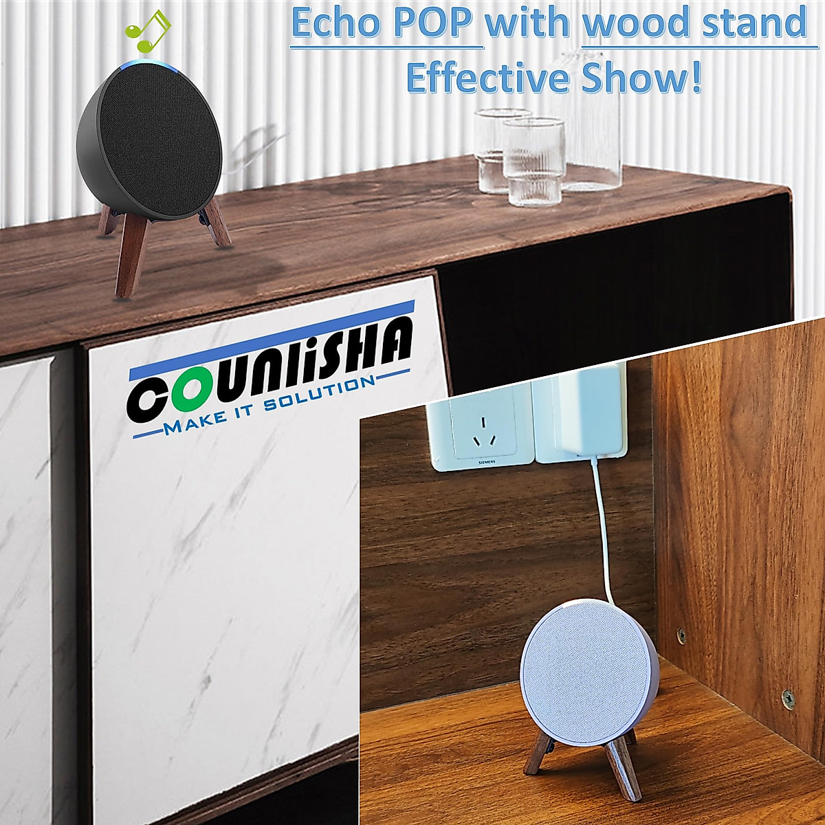 Real Wood Stand for Echo Pop Speaker (Newest Model),Tripod Accessories Holder for Better Sound,Secure Sturdy Wooden Table Mount for Alexa Pop (Walnut)
