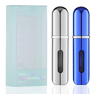 Lusiyi Refillable Perfume Bottle (5ML, 2PCS), Travel Cologne Atomizer, Portable Pocket Perfume Spray (0.2oz, Blue, Silver)