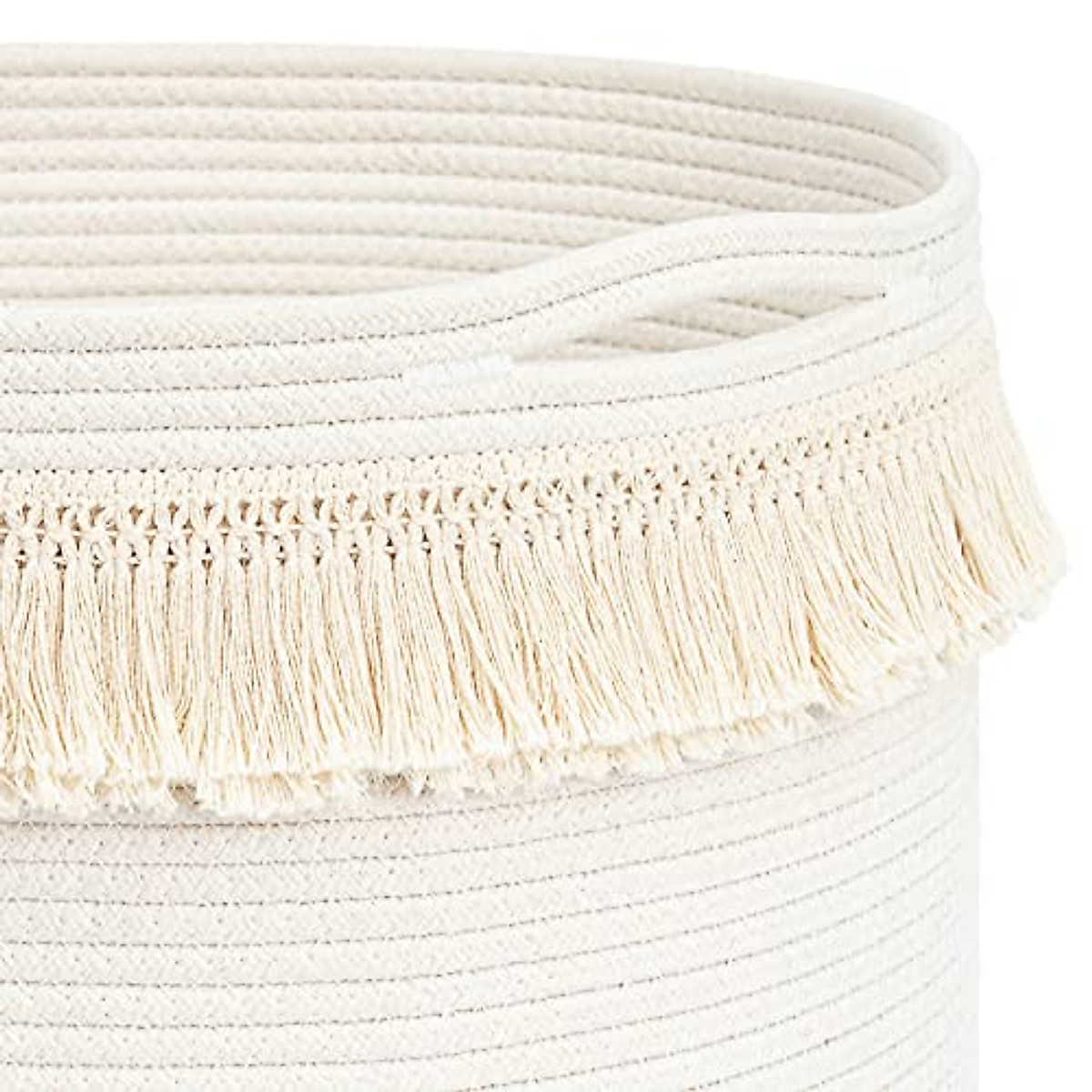 CherryNow Woven Storage Basket Boho Round Basket with Macrame Tassel Large Decorative Rope Basket in Living Room, Bathroom Cute Baby Basket for Toy, Towel, Diaper, 15" x14.2'', White