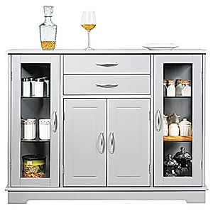 Hysache Buffet Sideboard, Kitchen Storage Cabinet w/2 Drawers & 3 Cabinets, Multifunctional Sideboard Console Table w/Adjustable Glass Shelves for Kitchen, Living Room, Dining Room (Grey)
