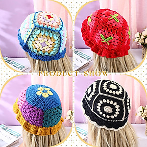 Cutecrop 4 Pcs Crochet Bucket Hat Knitted Bucket Hats for Women Cute Handmade Crochet Beanie Elastic Floral Beanies Cap Fisherman Hat for Traveling