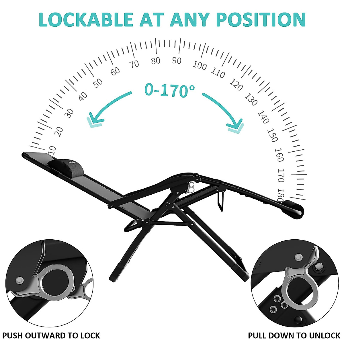 Amopatio Oversized Zero Gravity Chair with Cushion for Indoor & Outdoor, XXL 33In Patio Folding Reclining Lounge Chair with Tray/Footrest/Headrest, Black