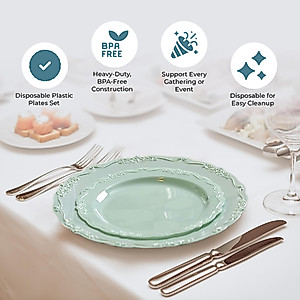 Posh Setting Disposable Plastic Plates Set, Vintage Party Plates, Light Green/Sage 60 Pack (30 Guest) 30 x 10.25 Dinner & 30 x 7.25 Salad/Dessert Plate