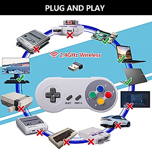 miadore Wireless SNES USB Controller Classic Gamepad Joystick with USB Receiver/Rechargeable Cable for PC Windows Mac and Raspberry Pi Retropie Emulator (colour key)