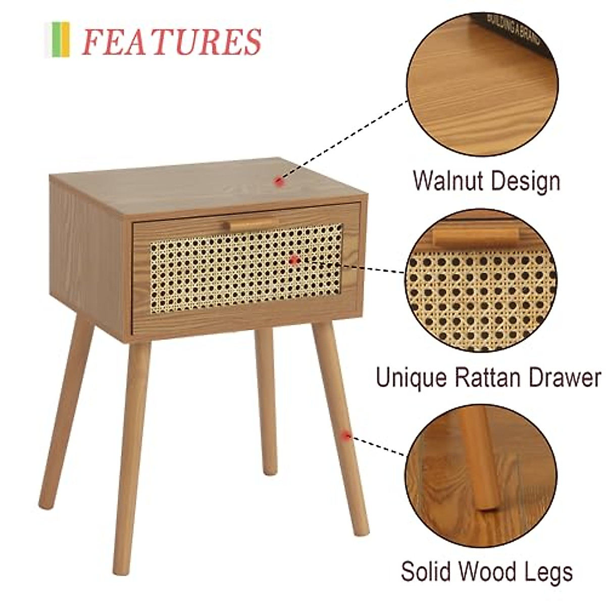 AWASEN Mid Century Nightstand, Rattan Side Table with Drawer, Modern Bedside Table with Storage and Solid Wood Legs for Living Room, Bedroom and Small Space (Brown)